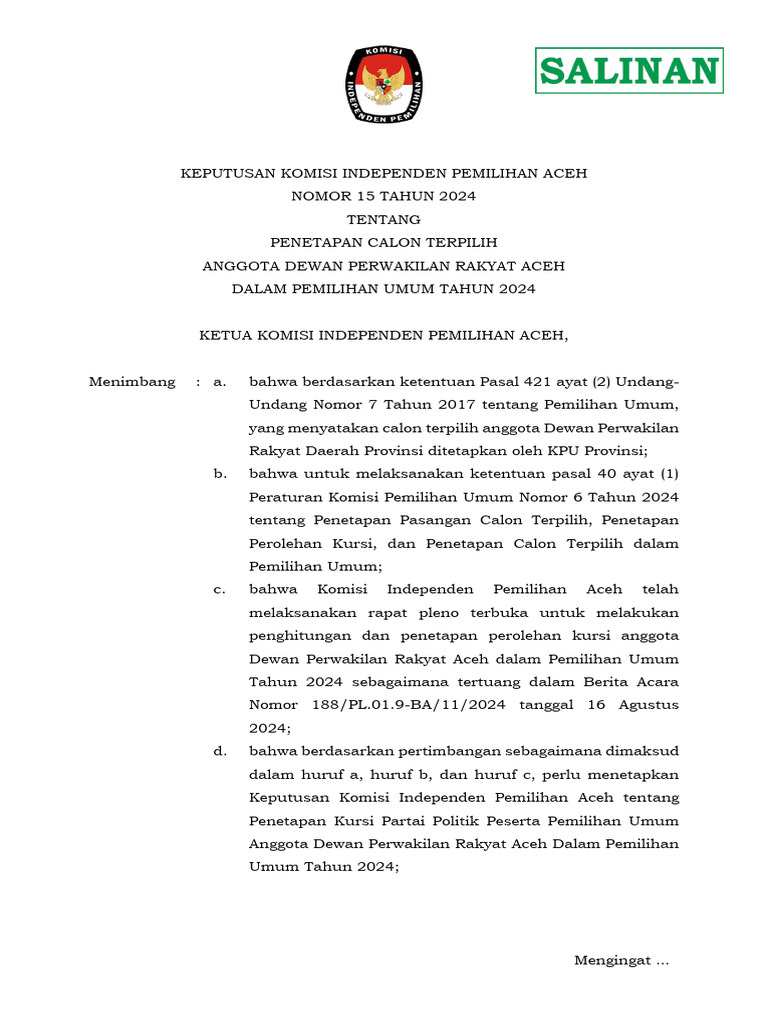 Anggota Dewan Perwakilan Rakyat Aceh (DPRA) Terpilih Periode 2024-2029 Dalam Pemilu Tahun 2024 | PDF