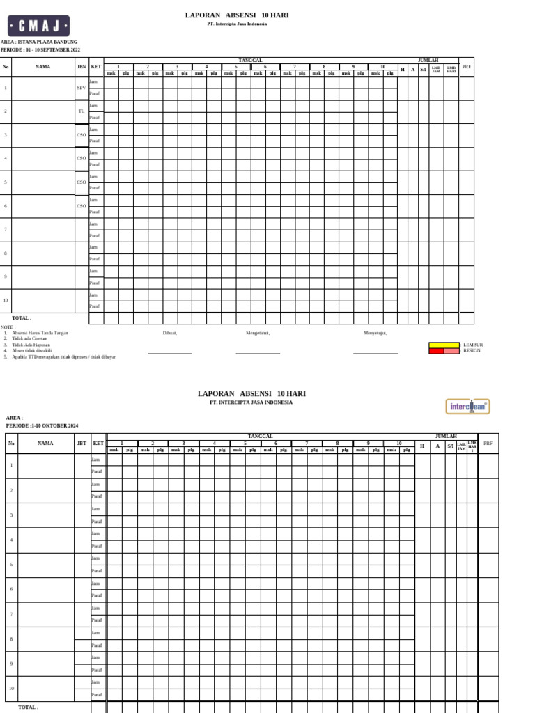 Format Absen Manual 10 Hari BJB | PDF