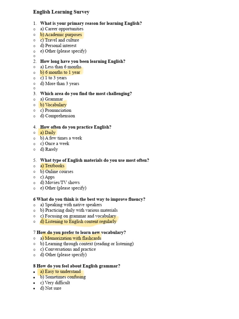 English Learning Survey | PDF