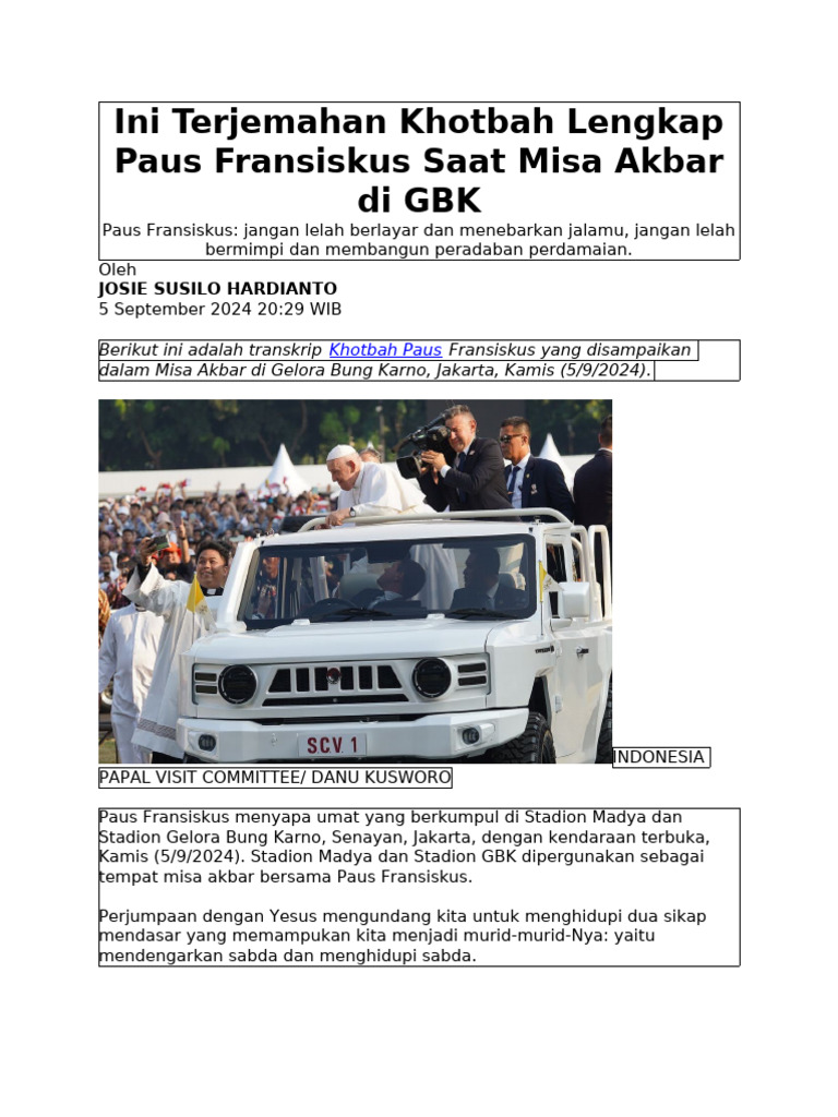 Ini Terjemahan Khotbah Lengkap Paus Fransiskus Saat Misa Akbar Di GBK | PDF