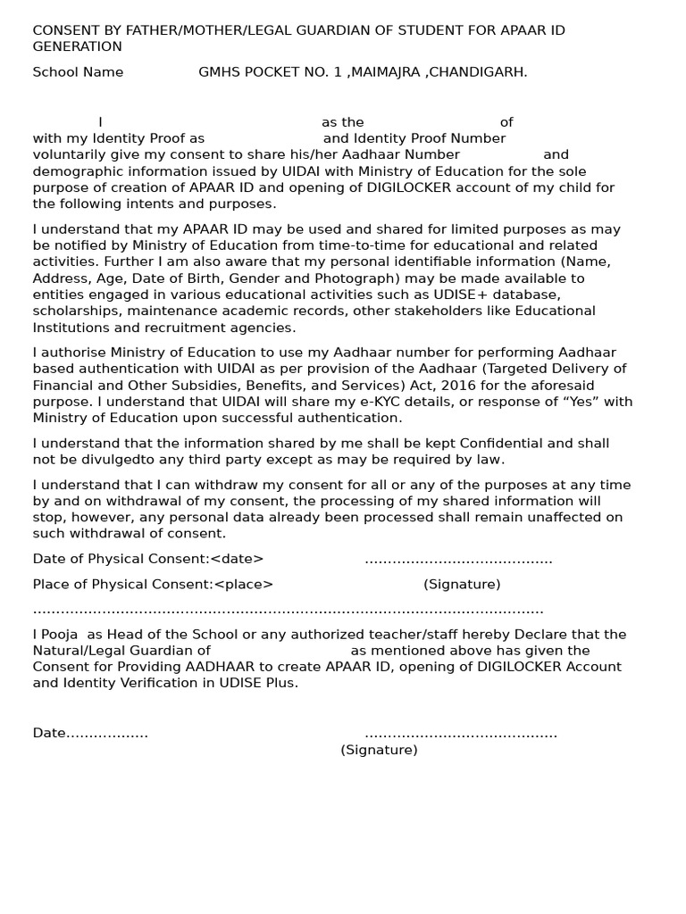 Consent for APAAR ID & DIGILOCKER Creation | PDF | Career & Growth ...
