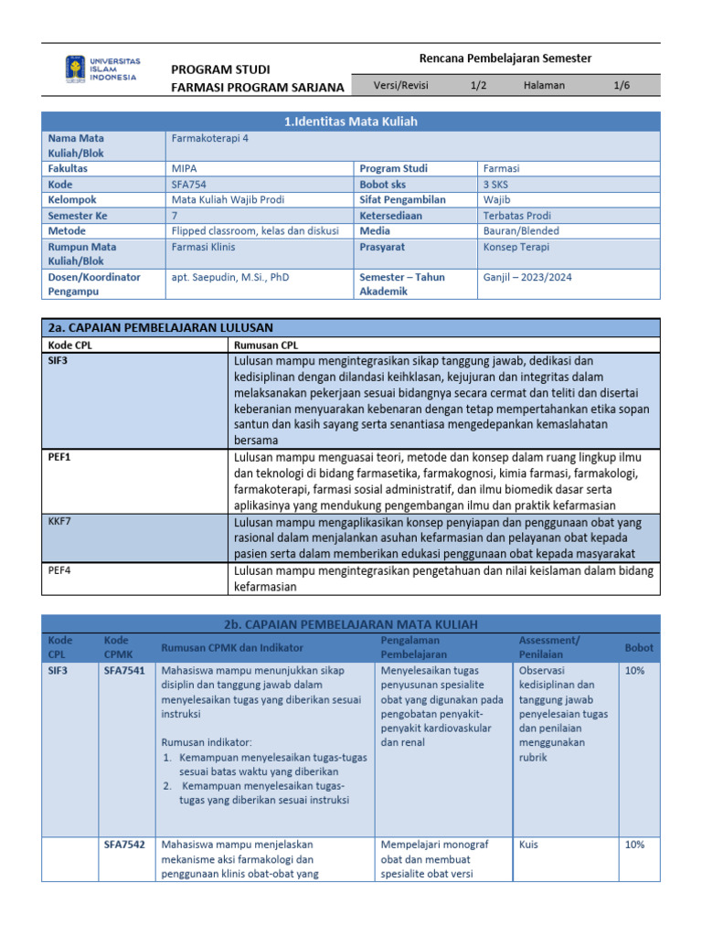 Contoh RPS Pak Saefudin - Farmakoterapi 4 - 2324 | PDF