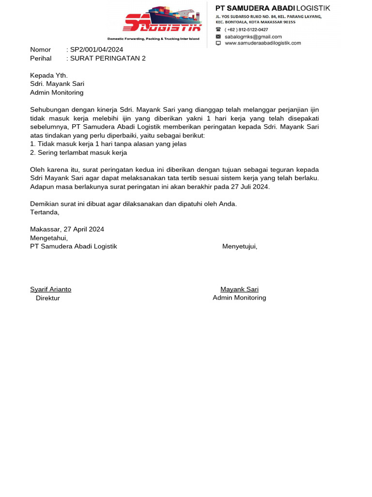 Surat SP2 Mayank Sari | PDF