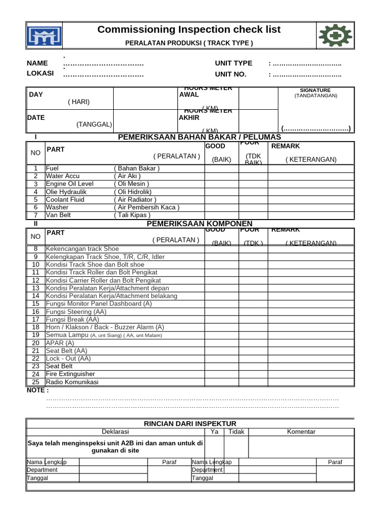 Track-Type Equipment Inspection Checklist | PDF