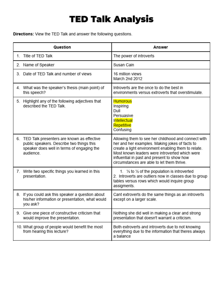 Bianca Santiago - TED Talk Analysis PDF | PDF | Extraversion And Introversion | Career & Growth