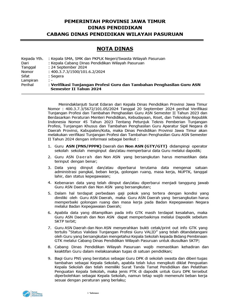 2024-09-24 Nota Dinas - TPG Dan TAMSIL (ASN Non Serdik) Semester II Tahun 2024 - Sign | PDF