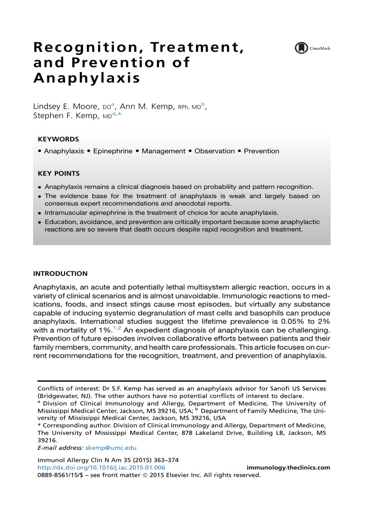 Recognition, Treatment, and Prevention of Anaphylaxis | PDF
