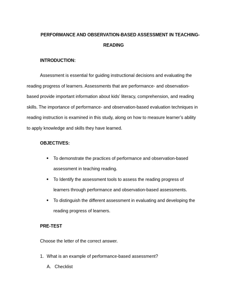 PERFORMANCE AND OBSERVATION-based Teching Reading - Maryann | PDF