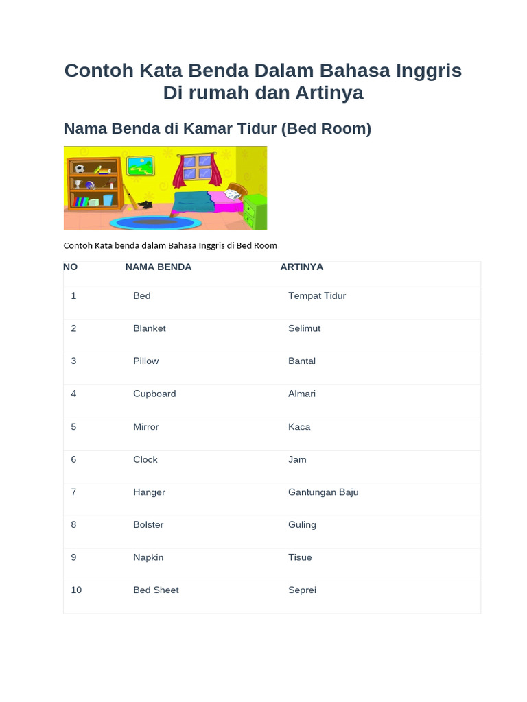 Contoh Kata Benda Dalam Bahasa Inggris Di Rumah Dan Artinya Pdf