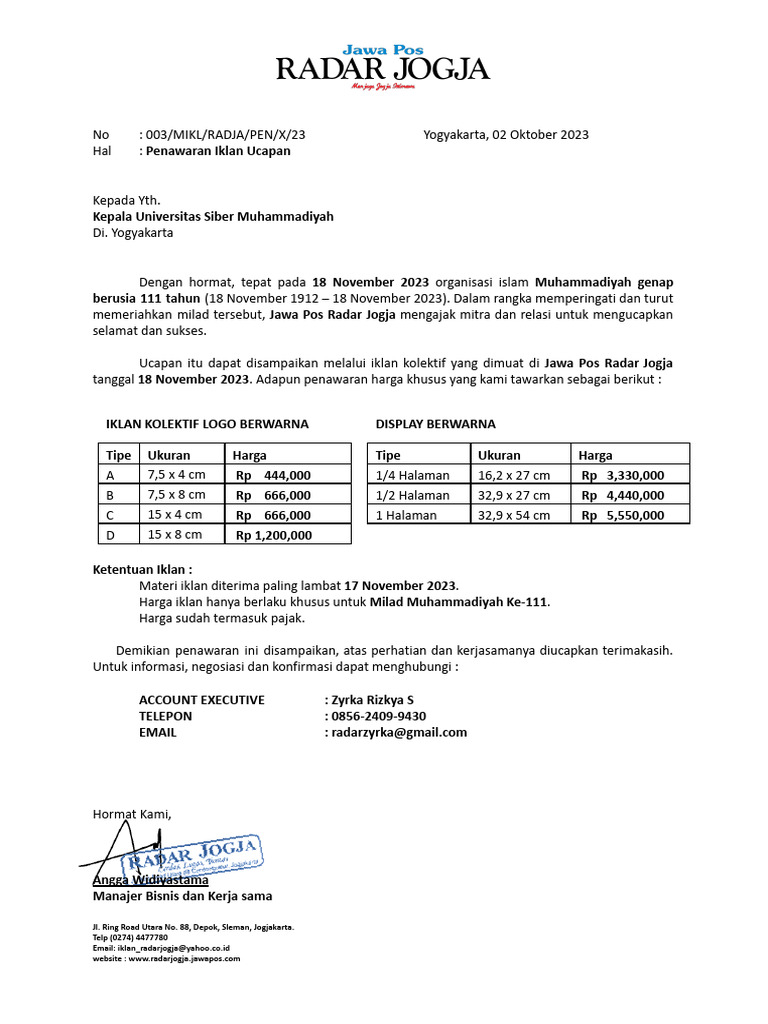 Penawaran Ucapan Milad Muhammadiyah 111 2023 | PDF