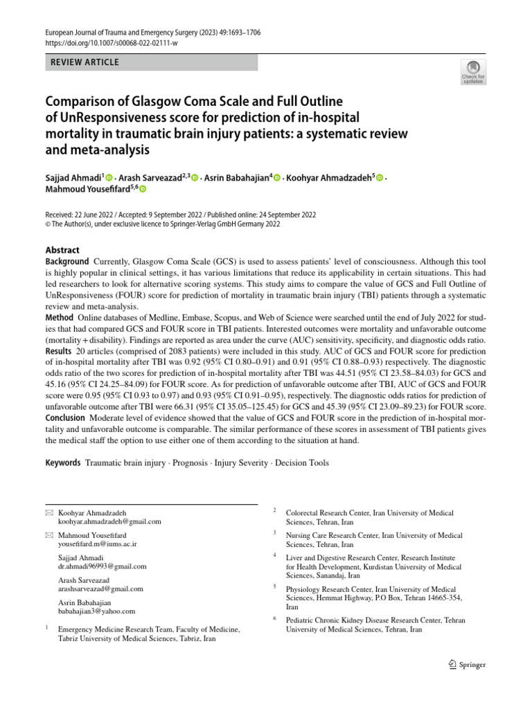 Comparison of Glasgow Coma Scale and Full Outline of UnResponsiveness Score For Prediction of In ...
