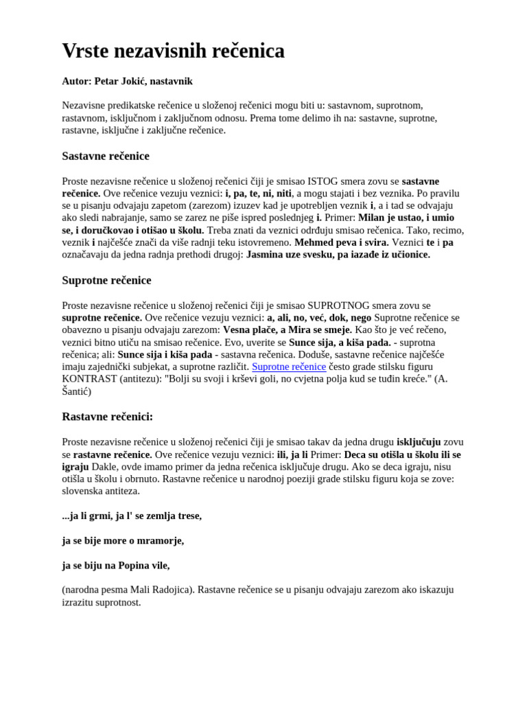 Vrste Nezavisnih Rečenica | PDF