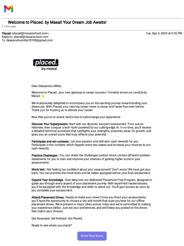 Gmail - ? Welcome To Placed. by Masai! Your Dream Job Awaits! | PDF