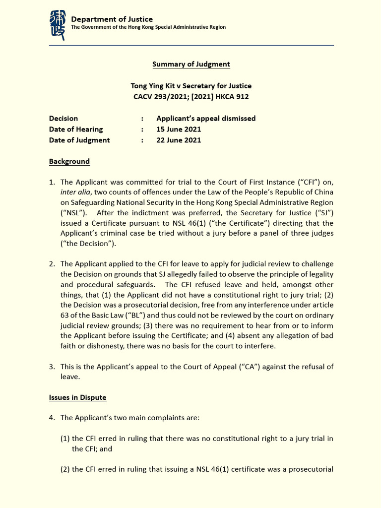 Tong Ying Kit - DOJ Summary | PDF
