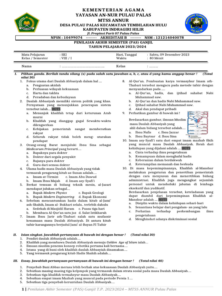 Soal Pas Ski Kelas 8 T.P. 2023.2024 | PDF