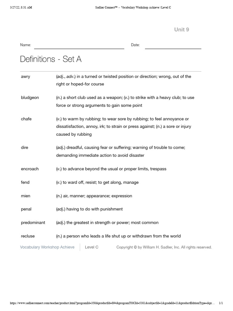 Sadlier Unit 9 Set A - Words and Definitions | PDF