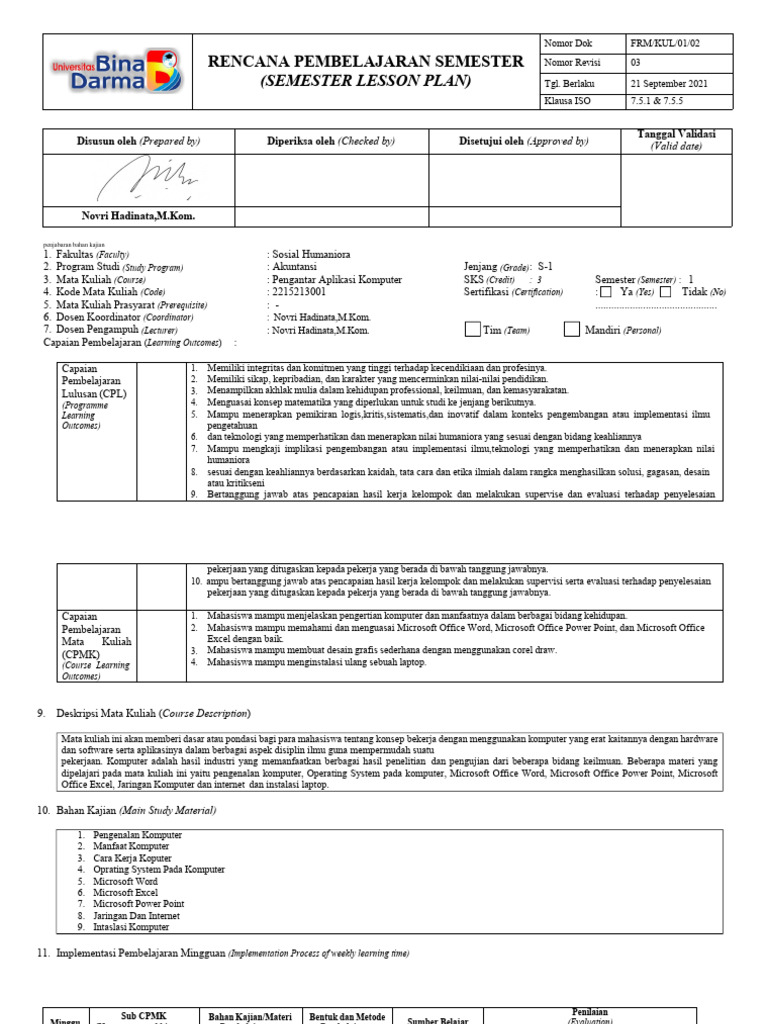 RPS Pengantar Aplikasi Komputer | PDF