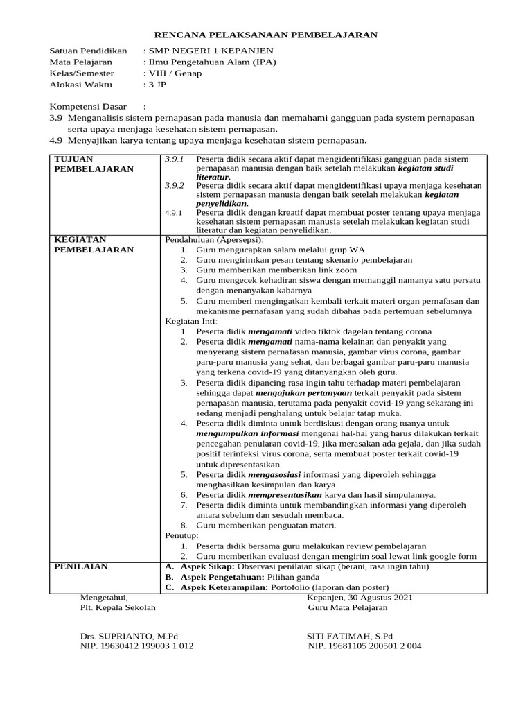 RPP KD 3.9 SISTEM PERNAFASAN Bu Siti | PDF