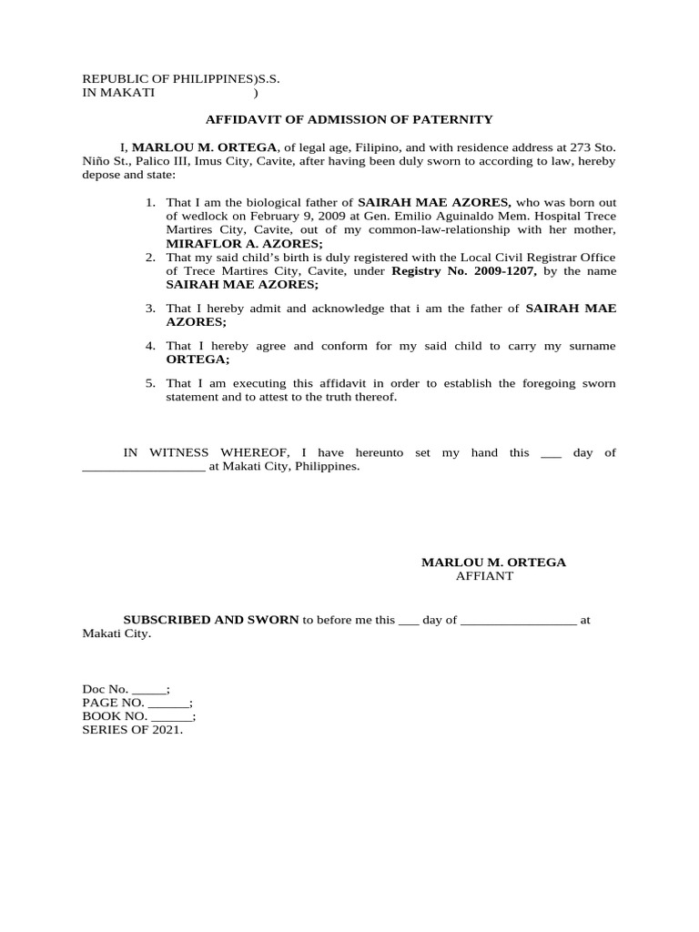 Affidavit of Admission of Paternity | PDF
