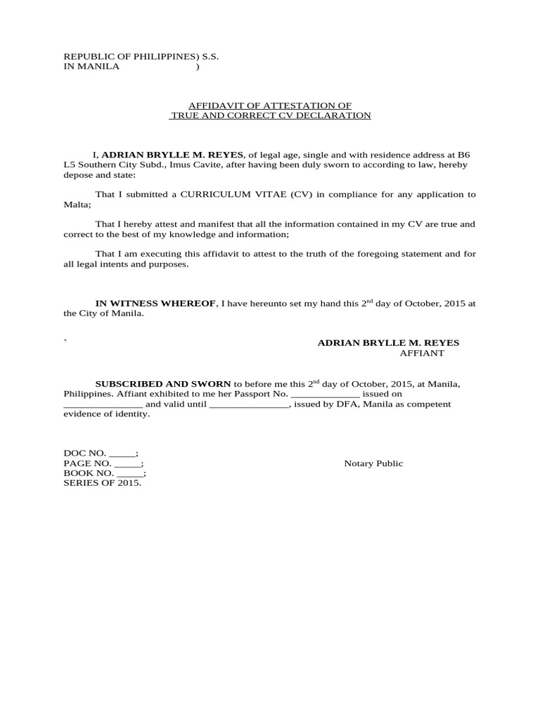 Affidavit of Attestation of True and Correct CV | PDF