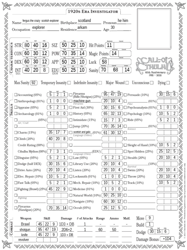 CoC7 PC Sheet - Auto-Fill - 1920s - Standard - Greyscale | PDF