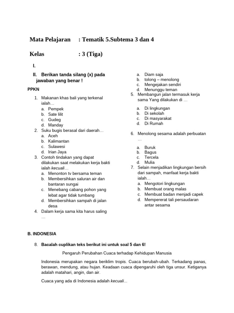 SOAL PTS KELAS 3 Hari Ke 2 (Tema 5 Sub 3 4) | PDF