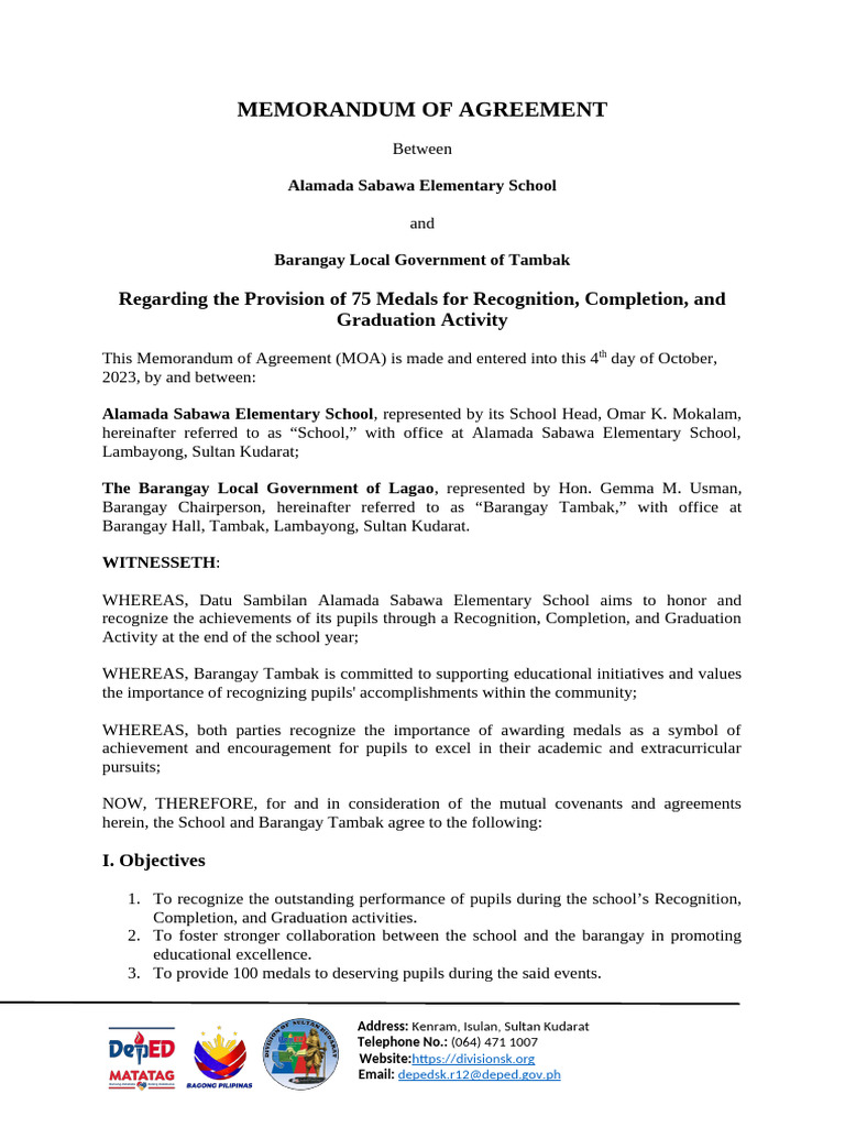 DATU SAMBILAN ES - MOA - BLGU Medals | PDF