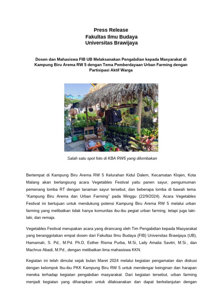 Press Release Vegetables Festival 2024 KBA RW 5 | PDF