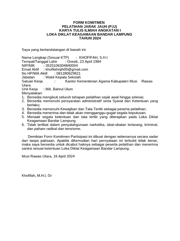 FORM KOMITMEN. Khofifah | PDF