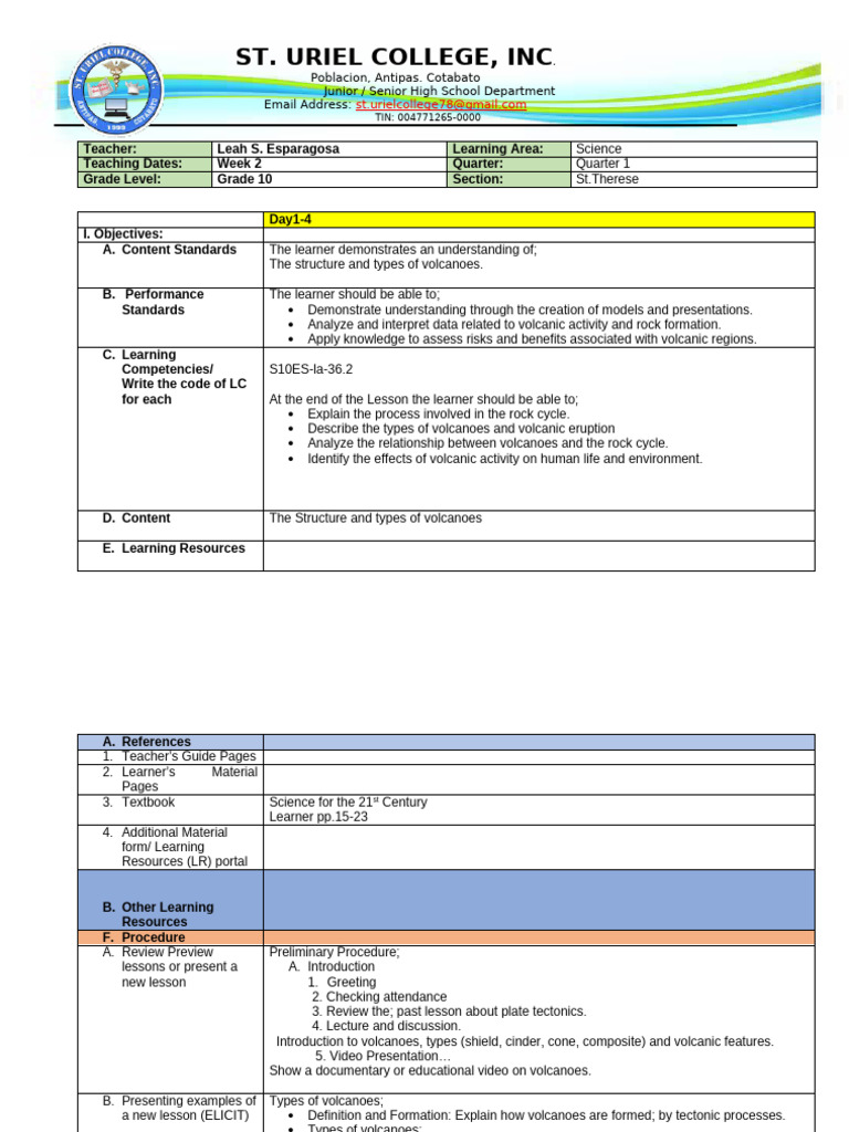 Daily Lesson Plan Grade 10 Week 2 | PDF | Volcano | Social Science