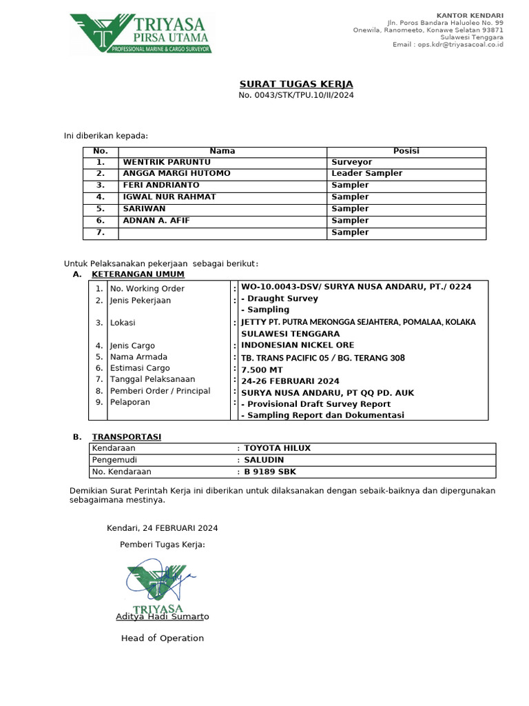 Surat Tugas Kerja WO-10.0043-STK - KDR | PDF