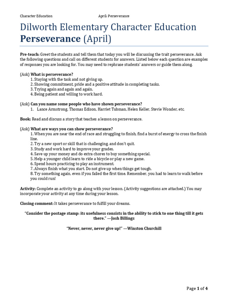 April Perseverance Lesson | PDF