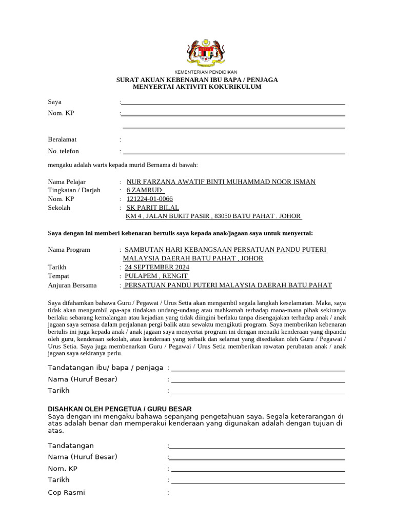 Surat Akuan Kebenaran Ibu Bapa | PDF