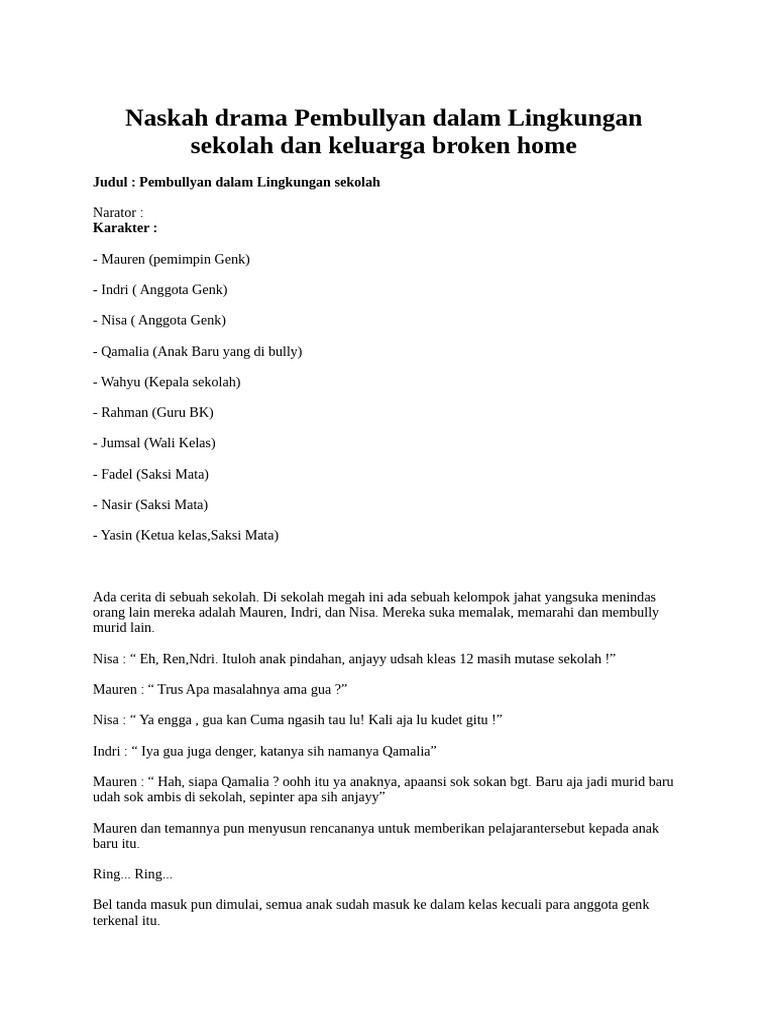 Naskah Drama Pembullyan Dalam Lingkungan Sekolah Dan Keluarga Broken Home | PDF | Griya & Taman
