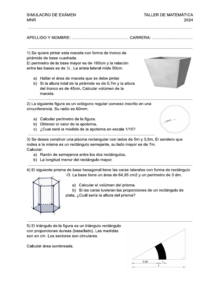 Simulacro de Exámen - Taller de Matemática | PDF