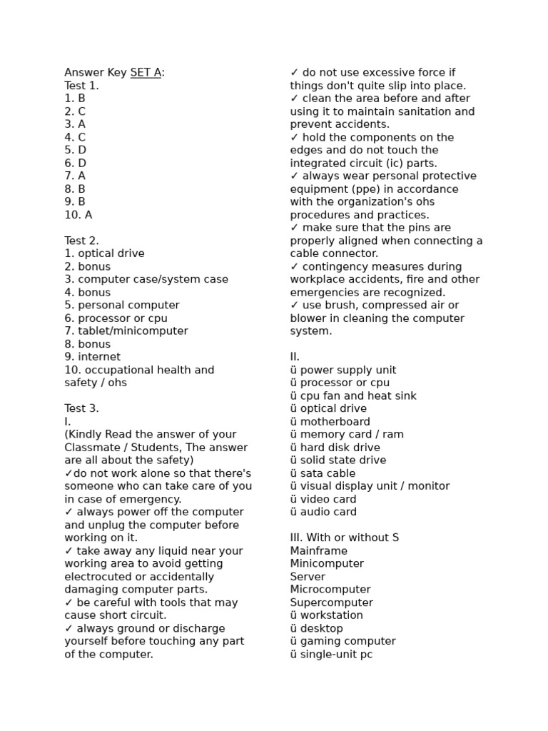 Answer Key SET A & B | PDF | Personal Computers | Computers