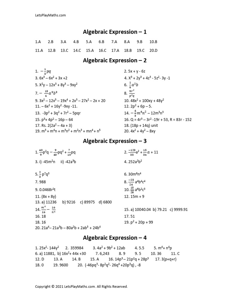 Algebraic Expressions Answer | PDF