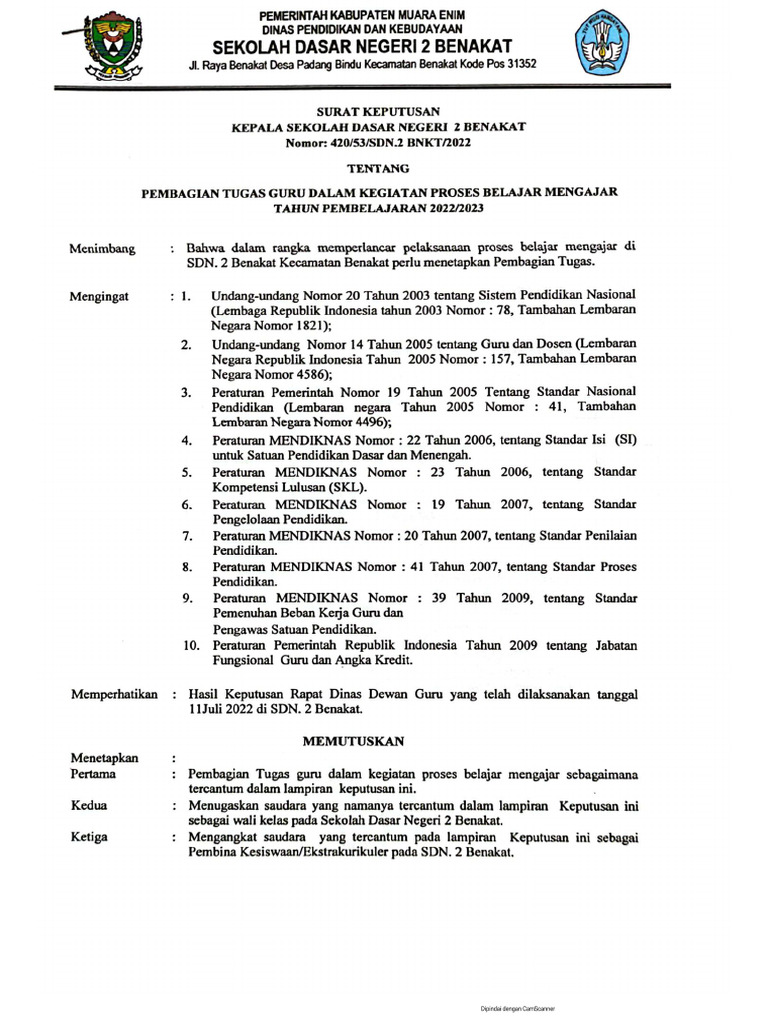 SK Pembagian Tugas 2022-2023 | PDF