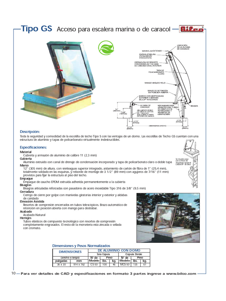 Ficha Tecnica Escotilla Acceso Techo Bilco Tipo GS | PDF