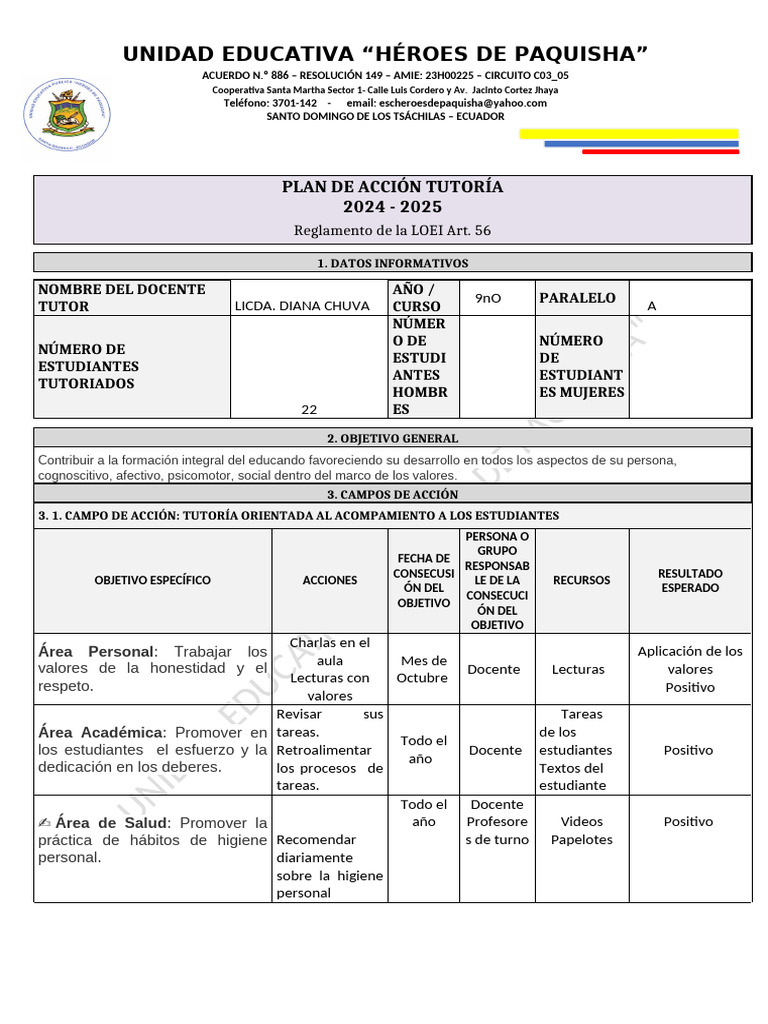 Plan de Acción Tutoría 9no A | PDF | Maestros