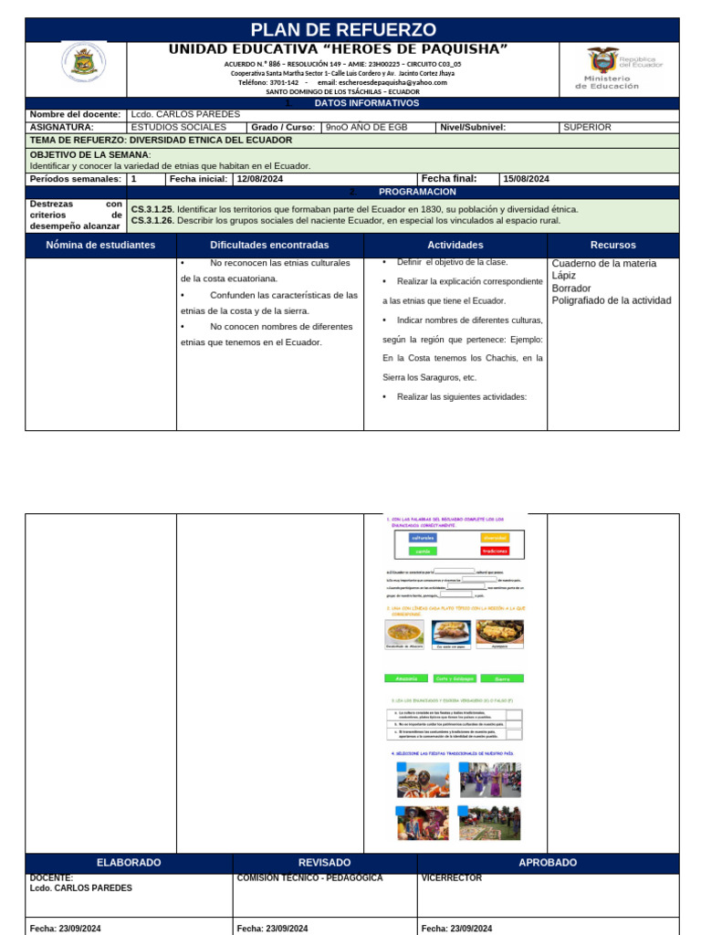 Plan de Refuerzo Estudios Sociales 2do Trimestre 9no | PDF | Ecuador | Tejido (biología)