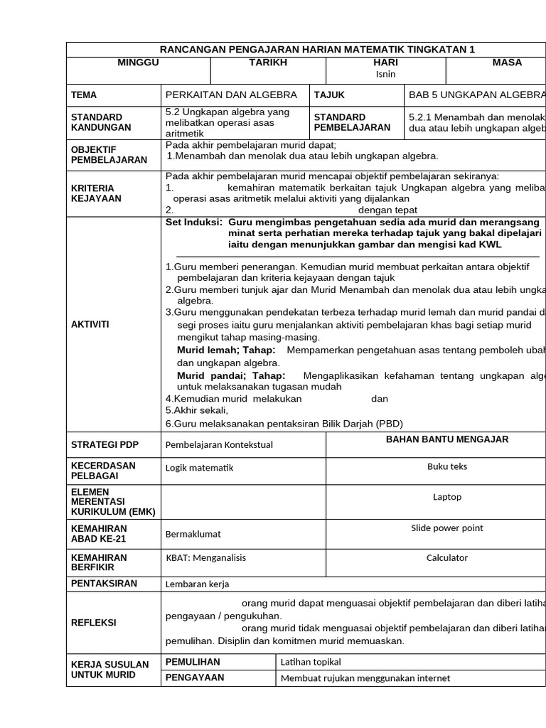 5.2 Ungkapan Algebra Yang Melibatkan Operasi Asas Aritmetik | PDF