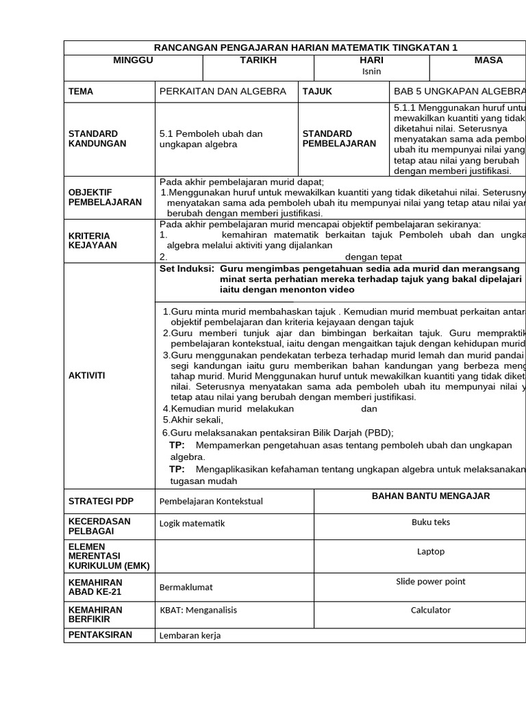 5.1 Pemboleh Ubah Dan Ungkapan Algebra | PDF