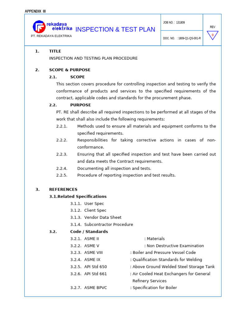 Appendix Ix (Inspection Test Plan) | PDF