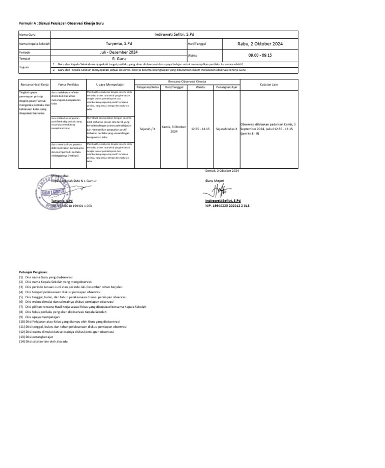 Rubrik Observasi Kinerja Guru Form A | PDF