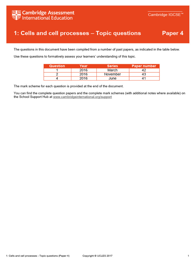 1: Cells and Cell Processes - Topic Questions Paper 4: Year Series ...