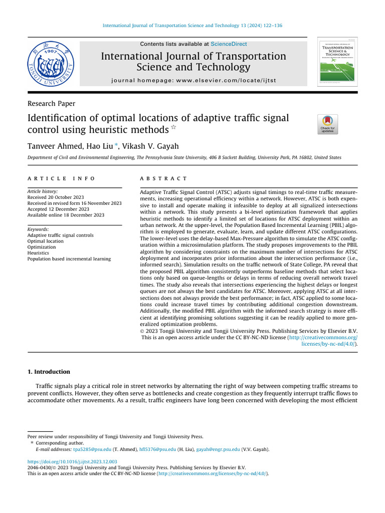Identification of Optimal Locations of Adaptive Traffic Signal Control Using Heuristic Methods | PDF