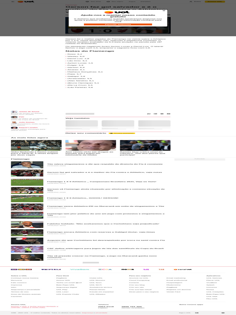 Notas Do Flamengo - Gerson É o Melhor Com Gol Salvador Contra Athletico | PDF