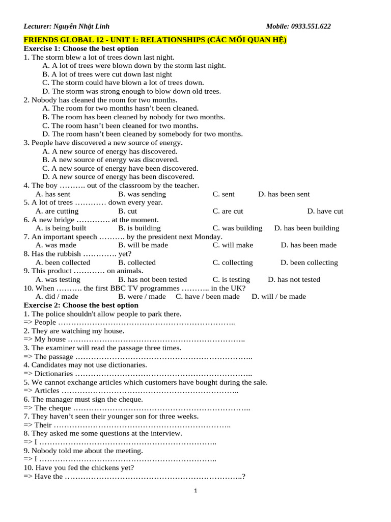 Fg 12 Unit 1 Exercises Đề | PDF