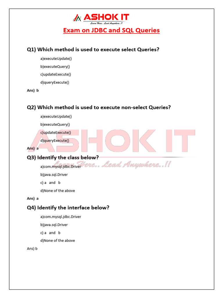 JDBC Exam Q & A | PDF | Databases | Sql